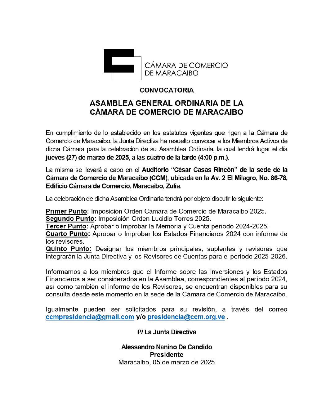 Convocatoria Asamblea Ordinaria de la Cámara de Comercio de Maracaibo - La Verdad
