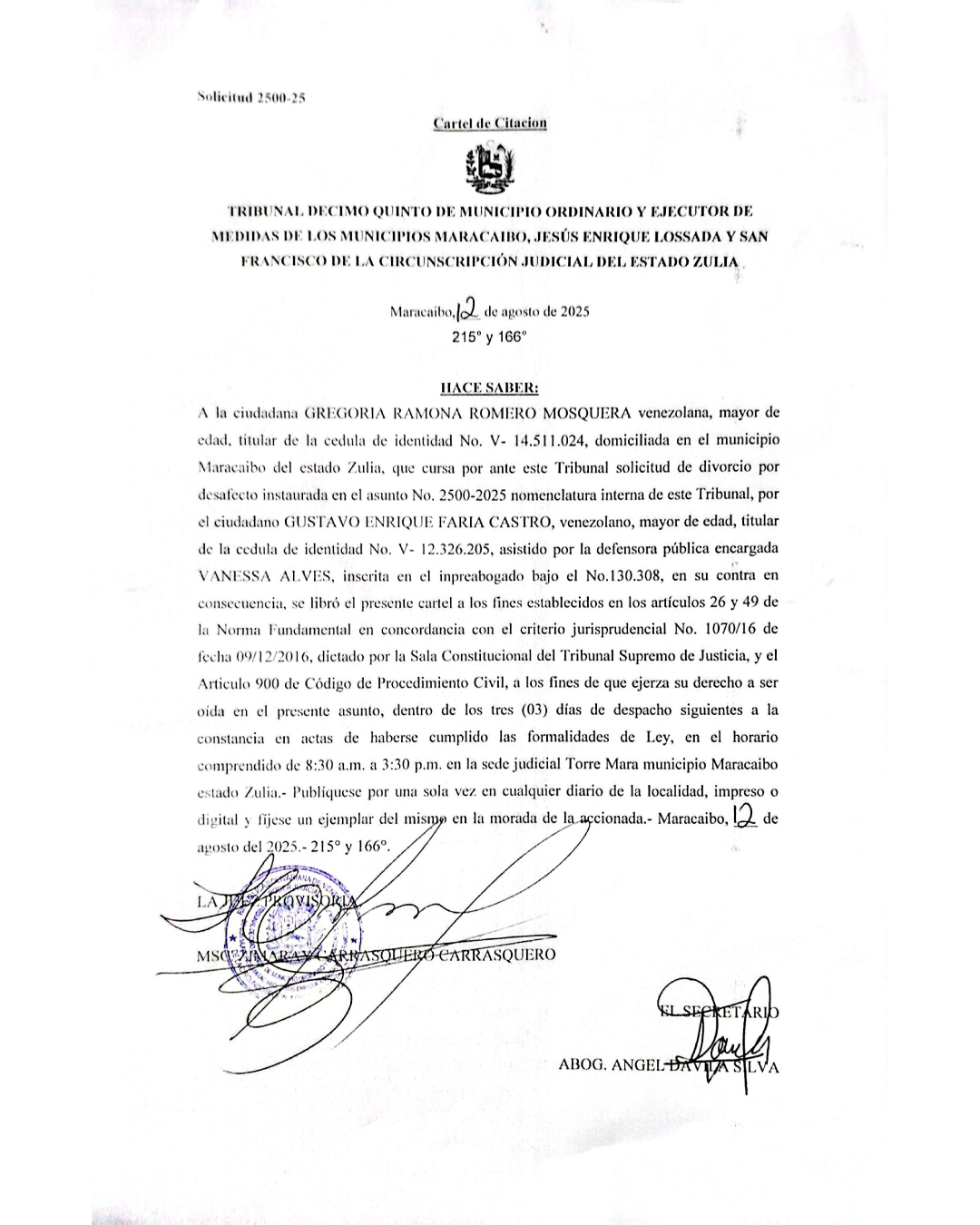 Cartel de Citación Solicitud Nro 2500-25 - La Verdad