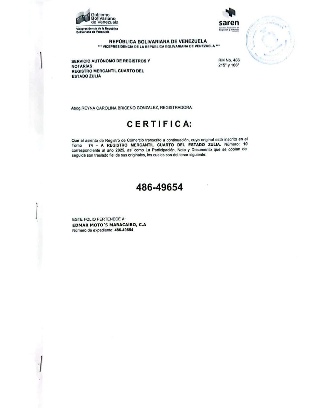 Registro Mercantil Edmar Moto's Maracaibo C.A Expediente Nro 486-49654 ...